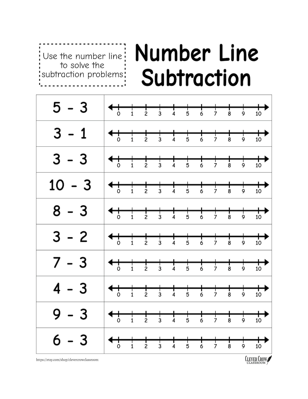 Number Line Subtraction, Numbers 1-10, 10 Printable Worksheets ...