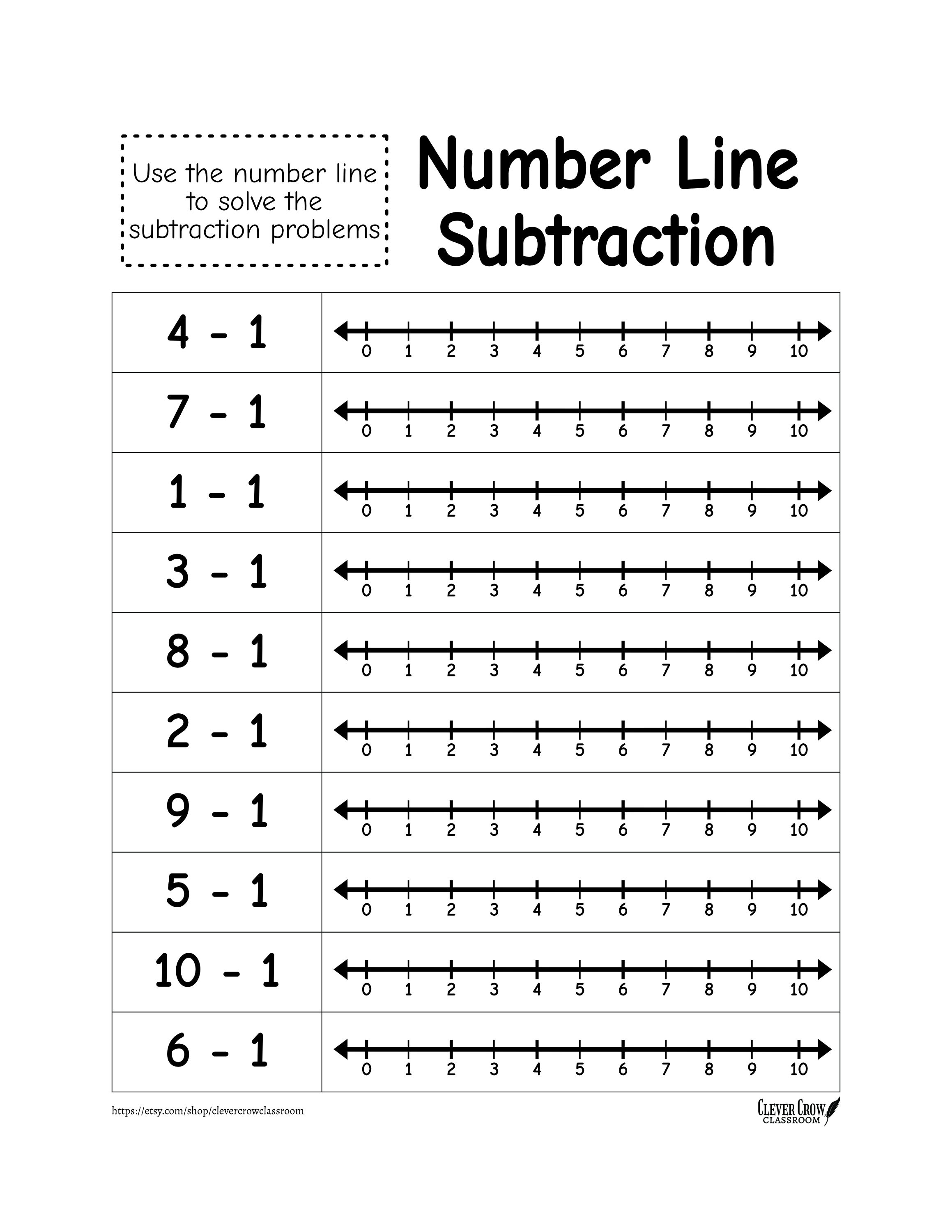 Number Line Subtraction, Numbers 1-10, 10 Printable Worksheets ...