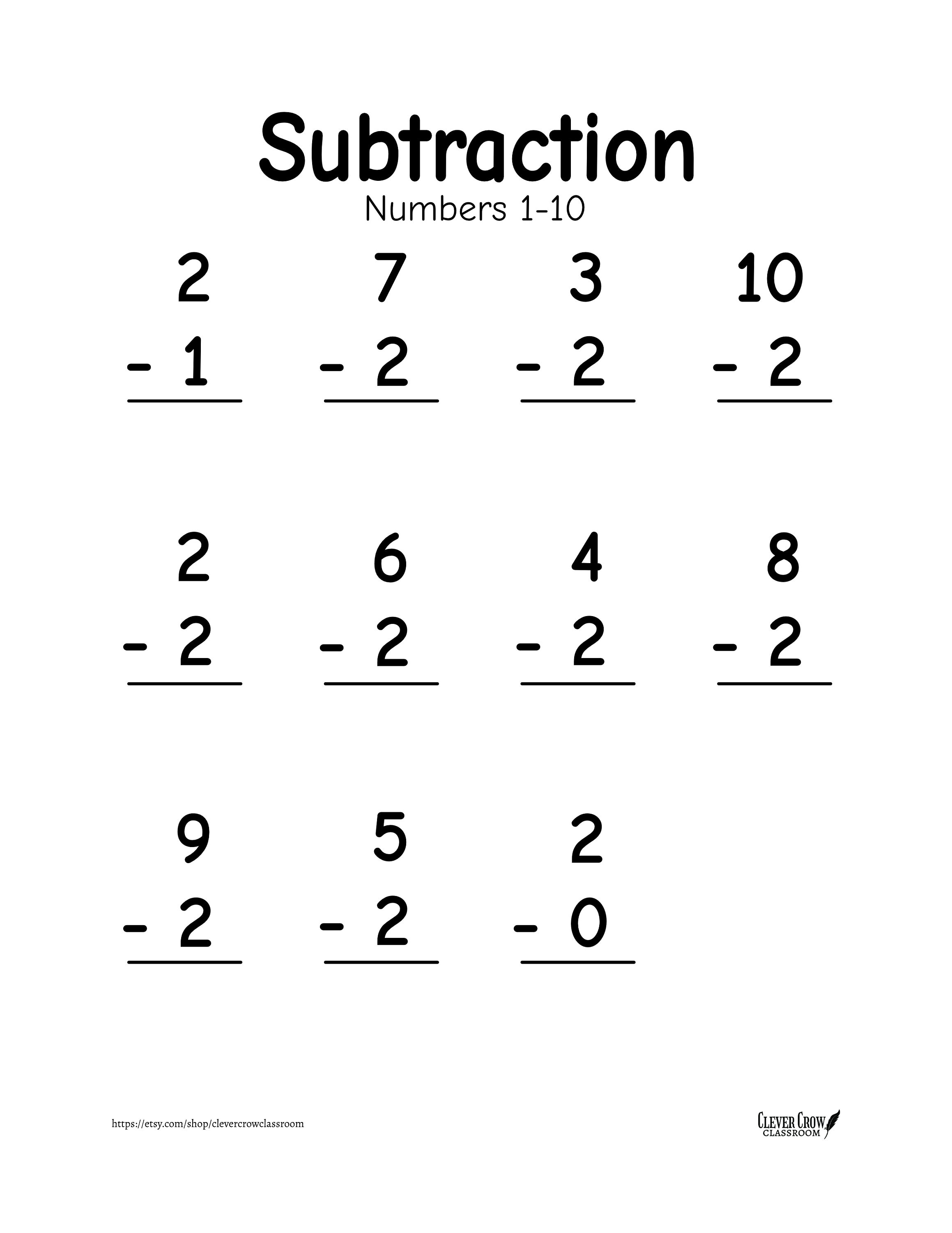 Subtraction Worksheets, Numbers 1-10, 20 Printable Worksheets, Vertical ...