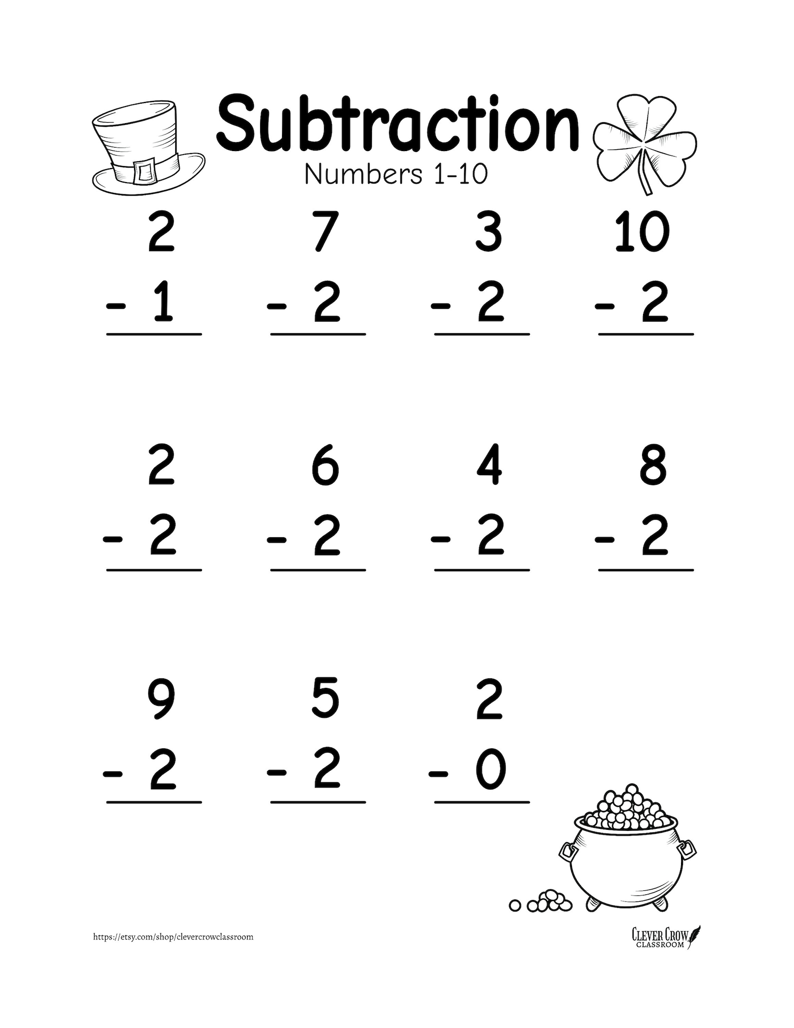 St Patricks Day, Addition and Subtraction Printable Worksheets, Numbers ...