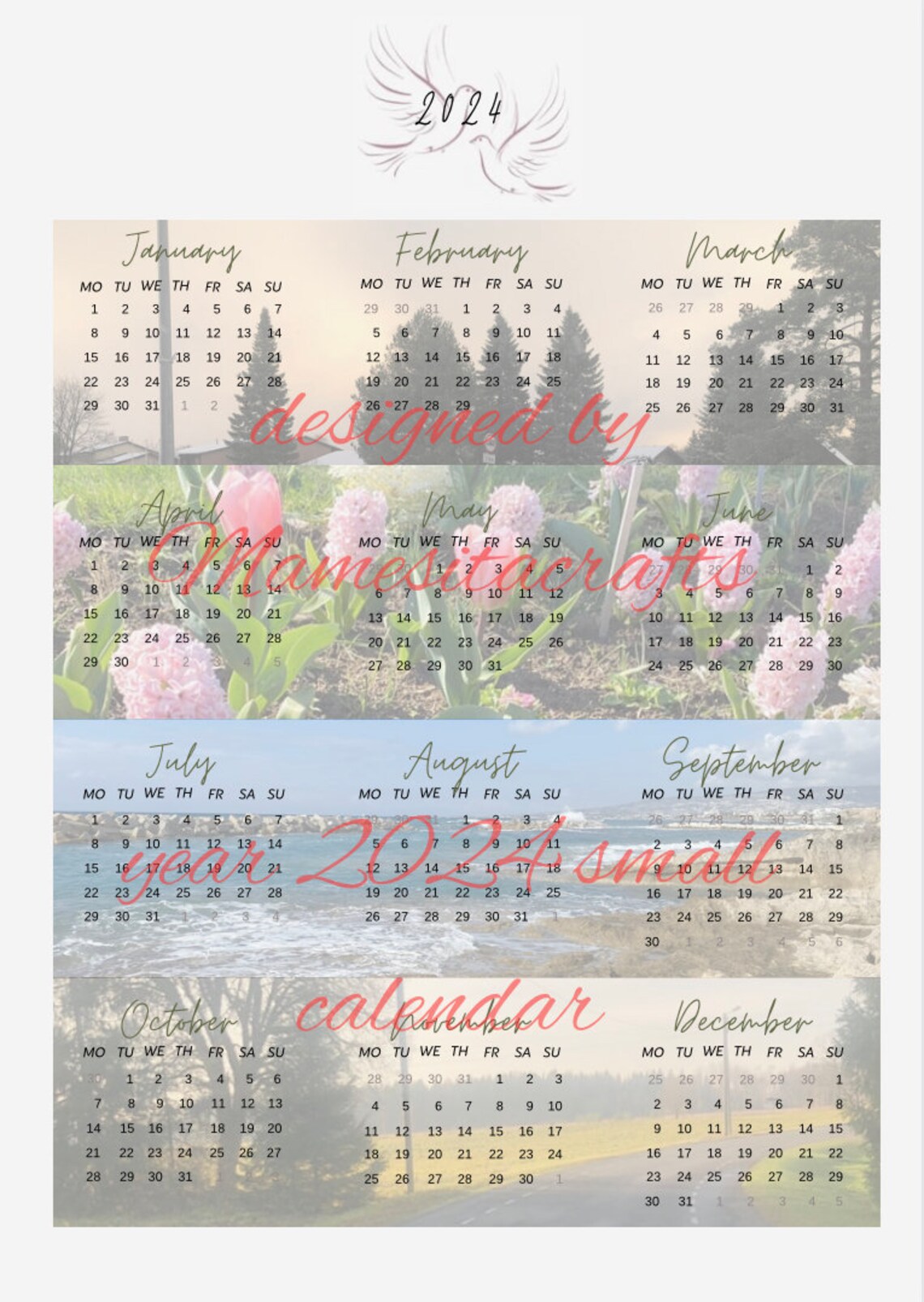 Simple One Page 2024 Calendar With Photos Taken by Me, Printable - Etsy