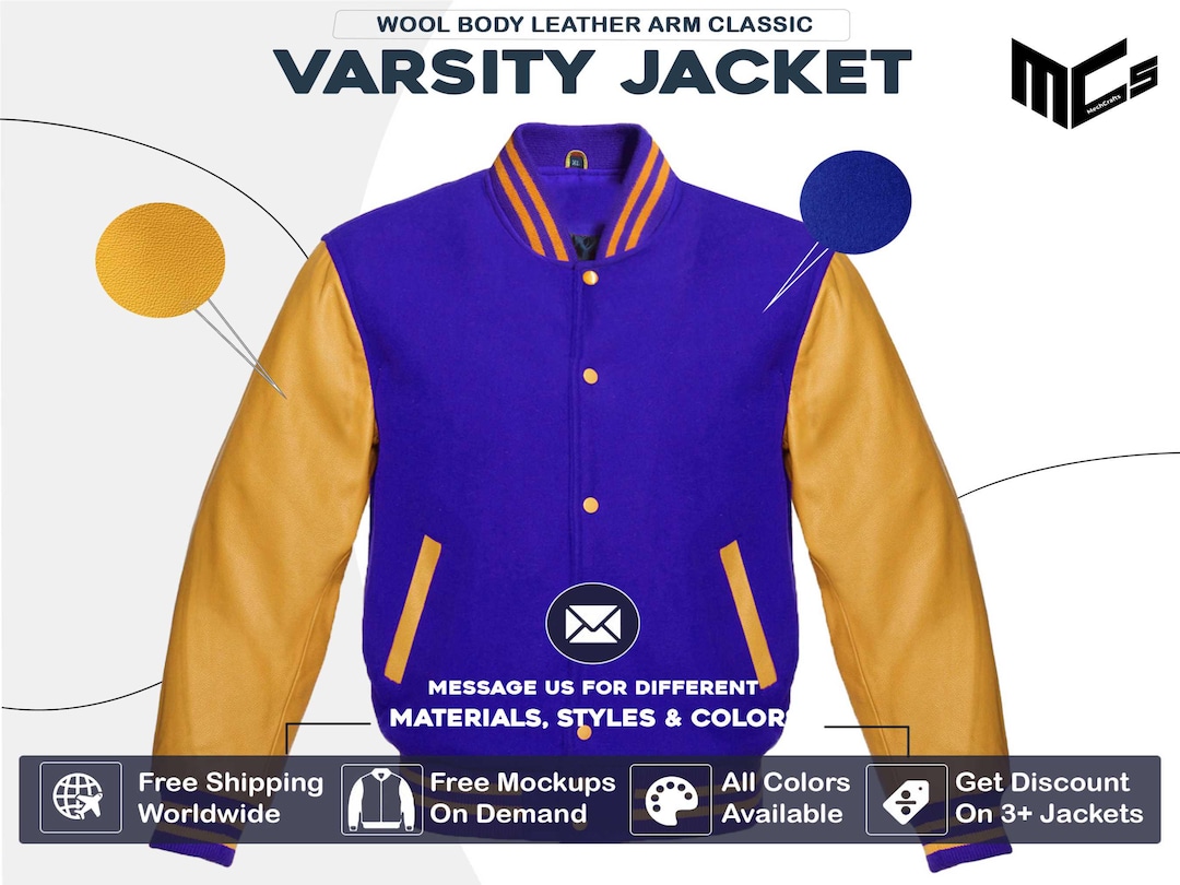 Royal Blue Wool Golden Leather Arms Varsity Jacket for Men Women & Kids ...