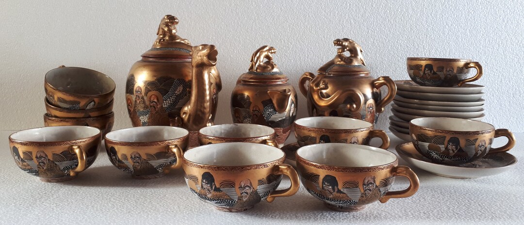 Vintage Japanese Satsuma Porcelain Tea Set Dragonware 11 People Meiji ...