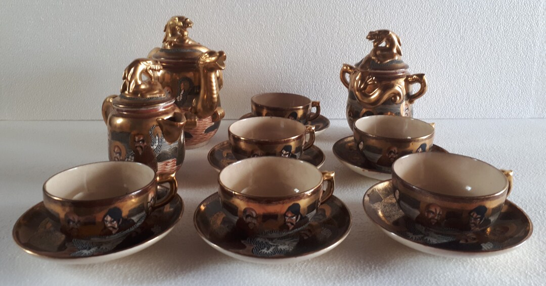 Vintage Japanese Satsuma Porcelain Tea Set Dragonware 6 People Meiji ...