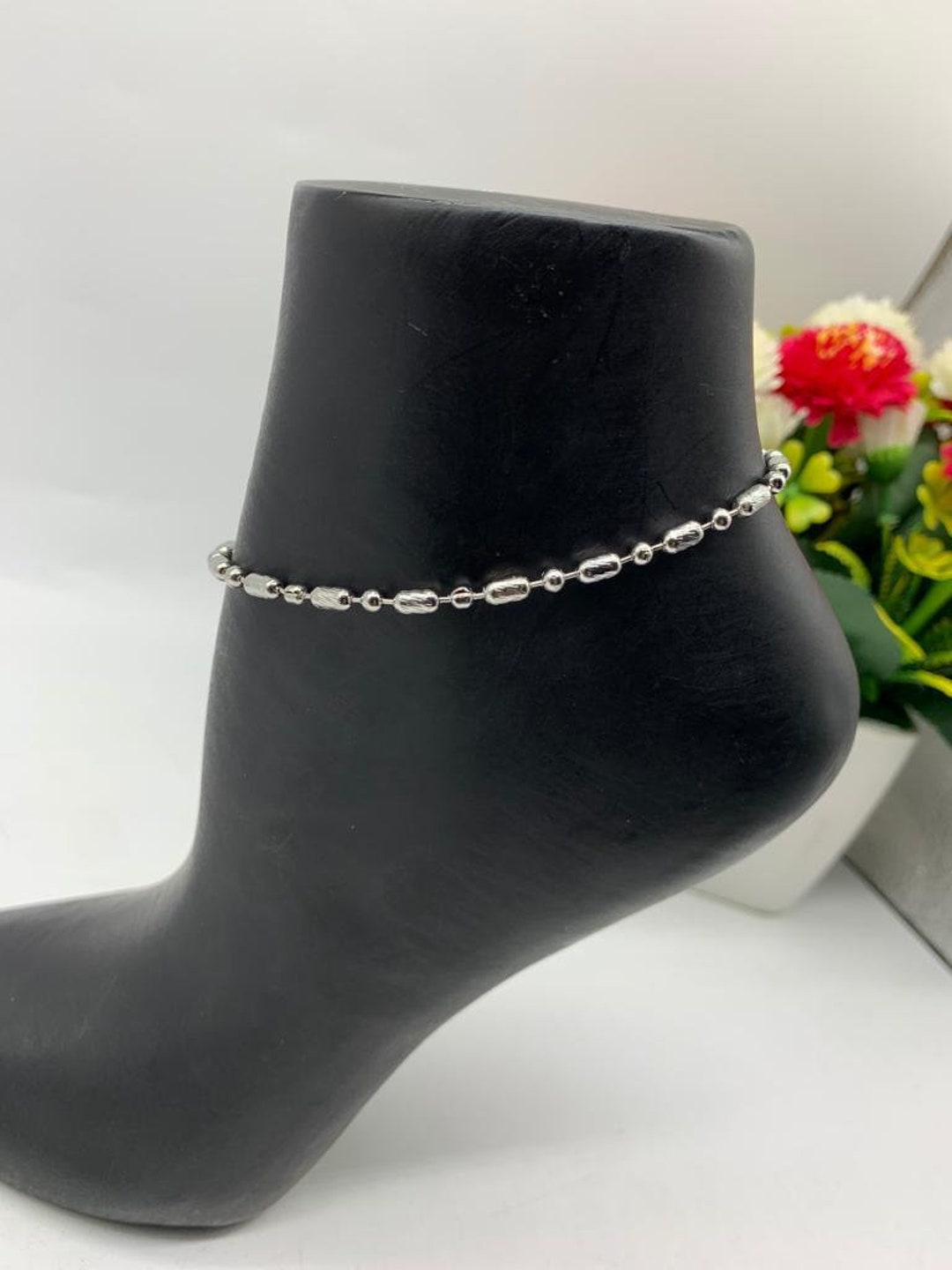 Non Tarnish Ball and Cylinder Design Anklet in Silver - Etsy