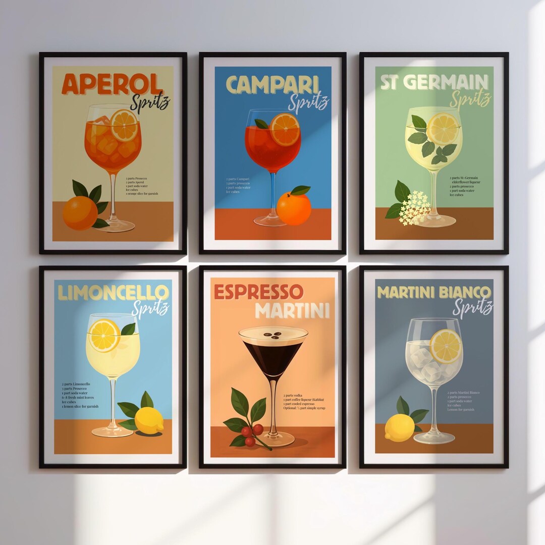 Retro Italian Cocktail Poster Set of 6 | Aperol Spritz, Limoncello ...