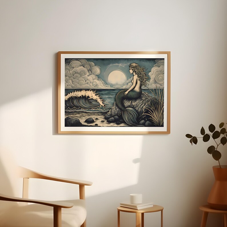 Mermaid Print, Vintage Style Horizontal Mermaid Painting, Ocean Decor ...