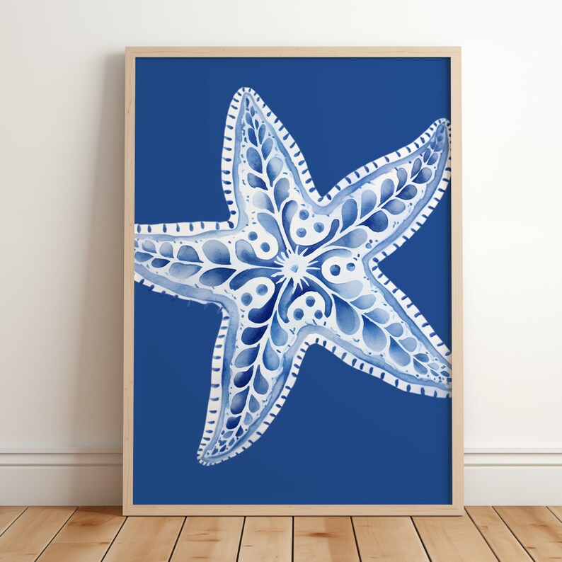 Blue Coastal Wall Art Set | Chinoiserie Seashell & Starfish Prints ...
