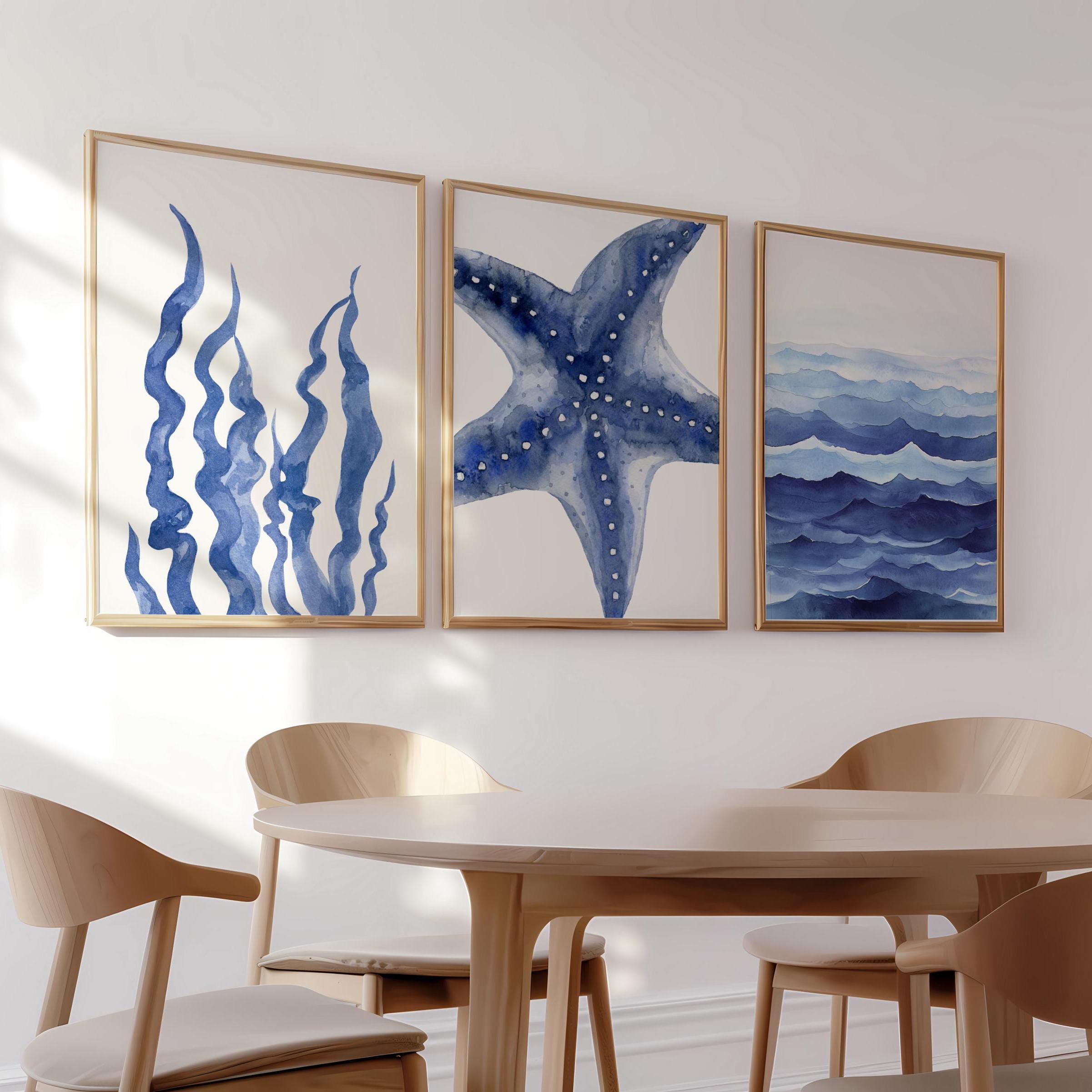 Coastal Wall Art Set of 3, Blue Ocean Watercolor Prints, Seaweed ...