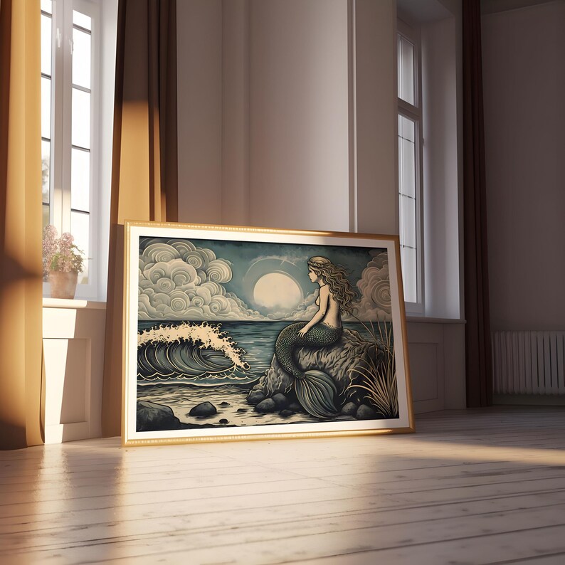 Mermaid Print, Vintage Style Horizontal Mermaid Painting, Ocean Decor ...