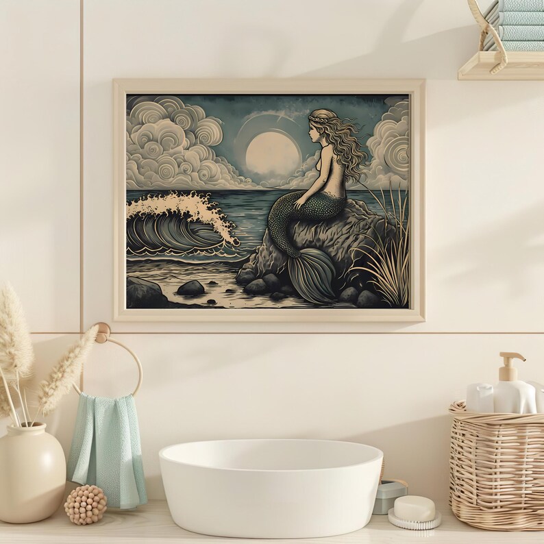Mermaid Print, Vintage Style Horizontal Mermaid Painting, Ocean Decor ...