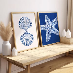 Blue Chinoiserie Coastal Wall Art Set | Nautical Seashell & Starfish ...