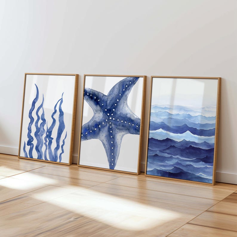Coastal Wall Art Set of 3, Blue Ocean Watercolor Prints, Seaweed ...