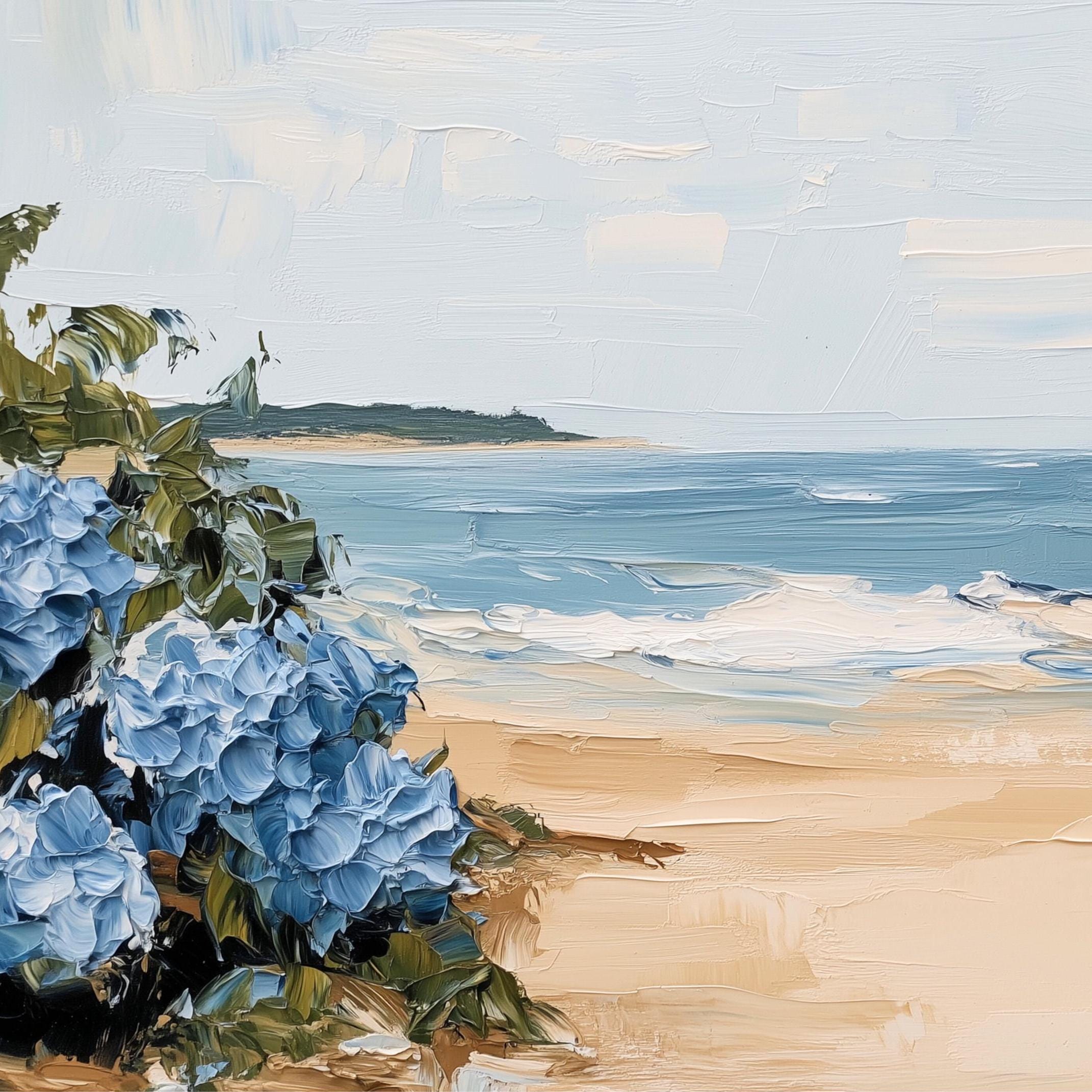 Blue Hydrangeas by Beach Print – Coastal Floral Painting - Blue Ocean ...