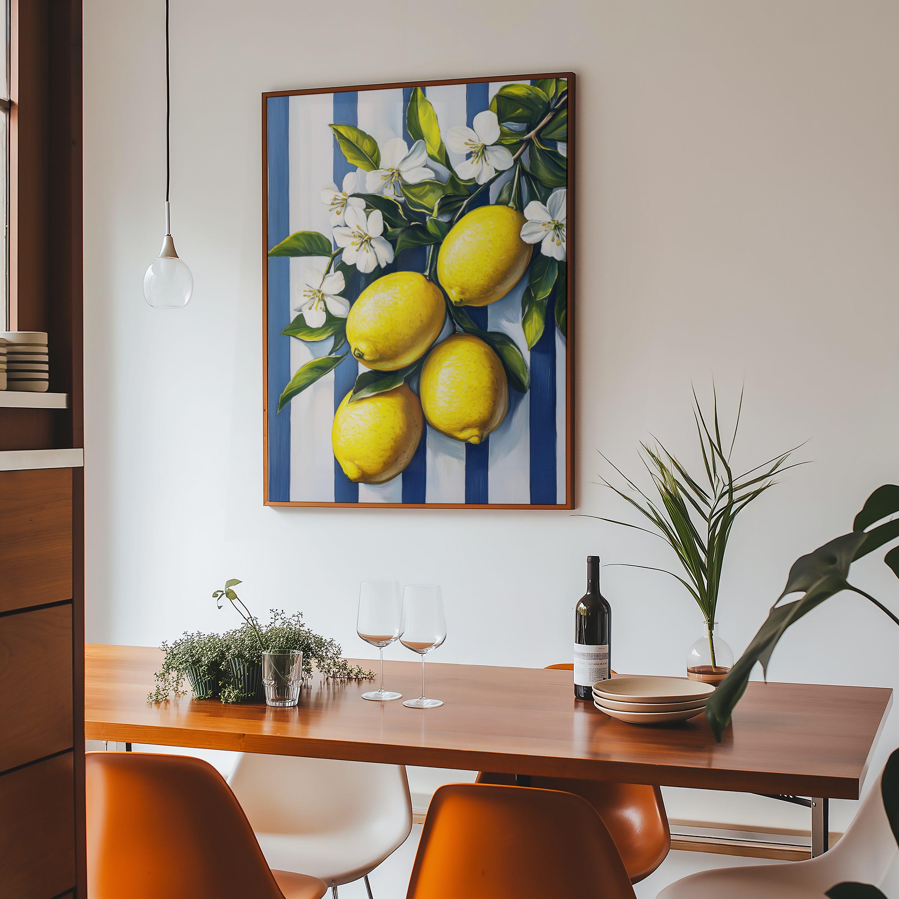 Lemon Kitchen Wall Art Printable | Blue Stripe Citrus Fruit Print ...