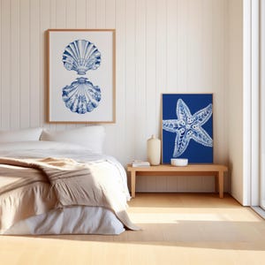 Blue Chinoiserie Coastal Wall Art Set | Nautical Seashell & Starfish ...