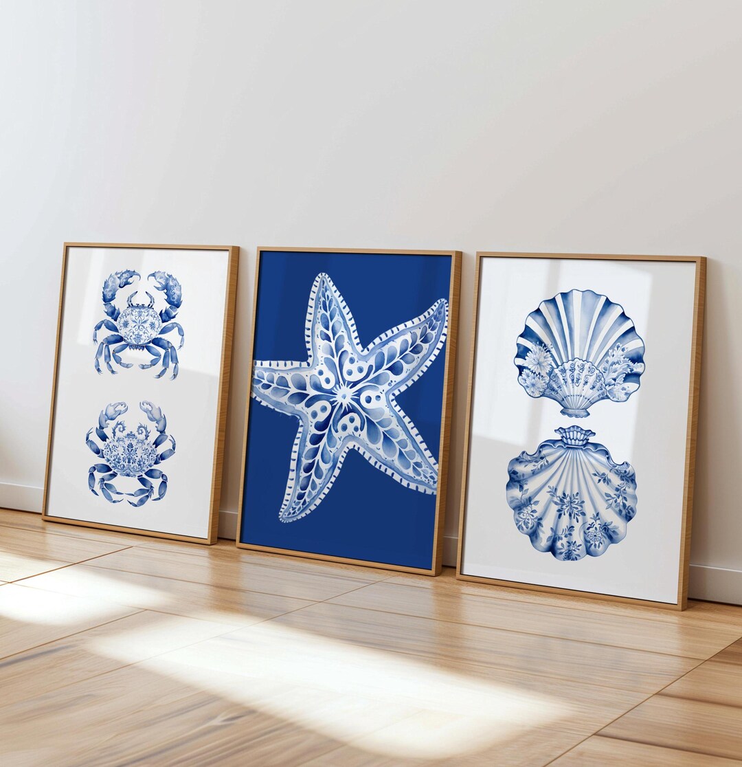 Chinoiserie Coastal Wall Art Set, Blue Nautical Starfish Crab Shell ...