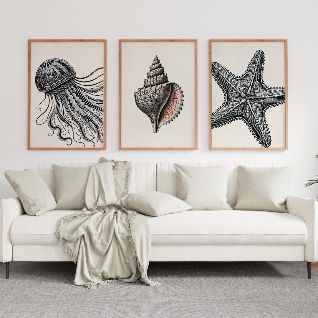 Coastal Boho Sea Life Print Set, Shell-starfish-jellyfish Wall Art ...