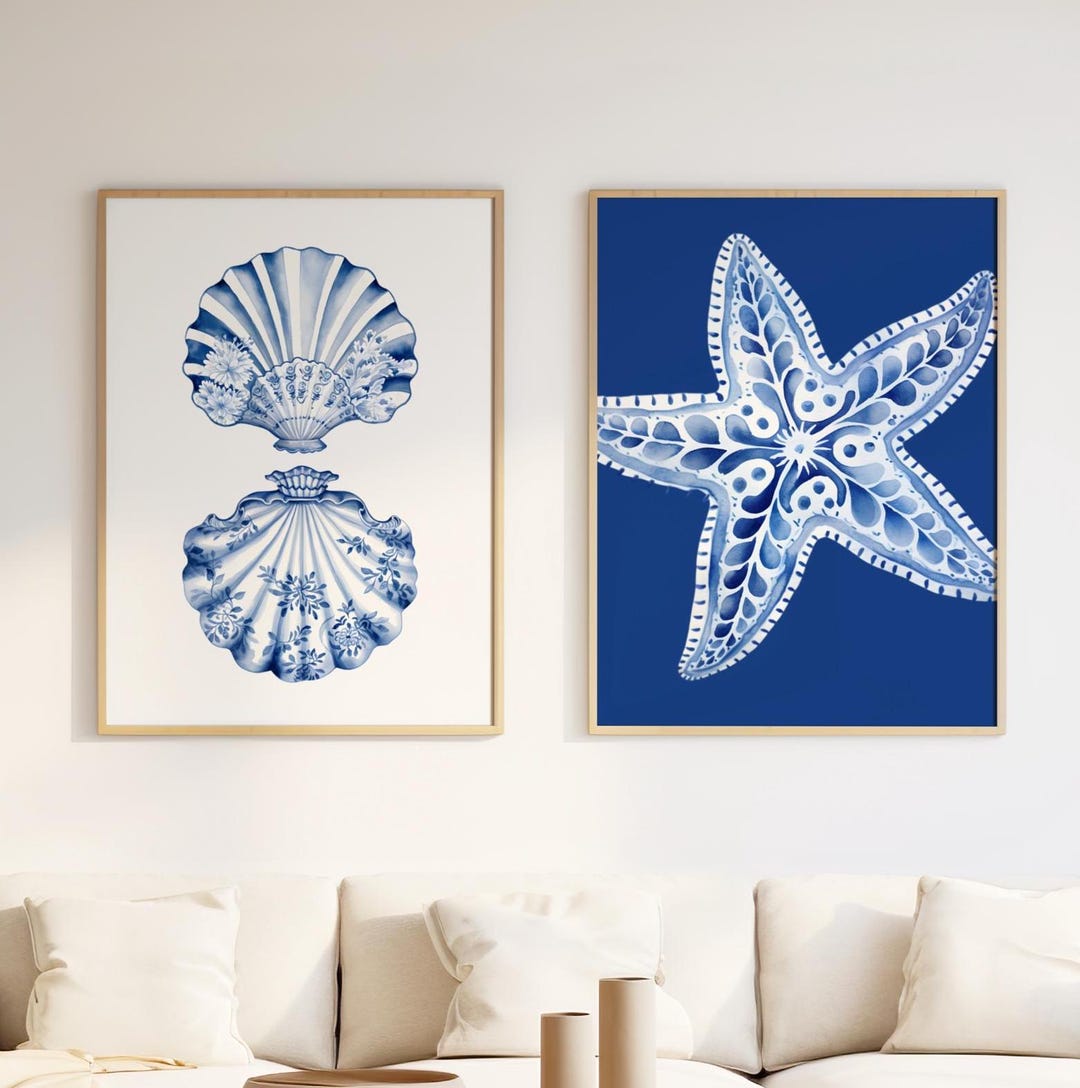 Blue Chinoiserie Coastal Wall Art Set | Nautical Seashell & Starfish ...