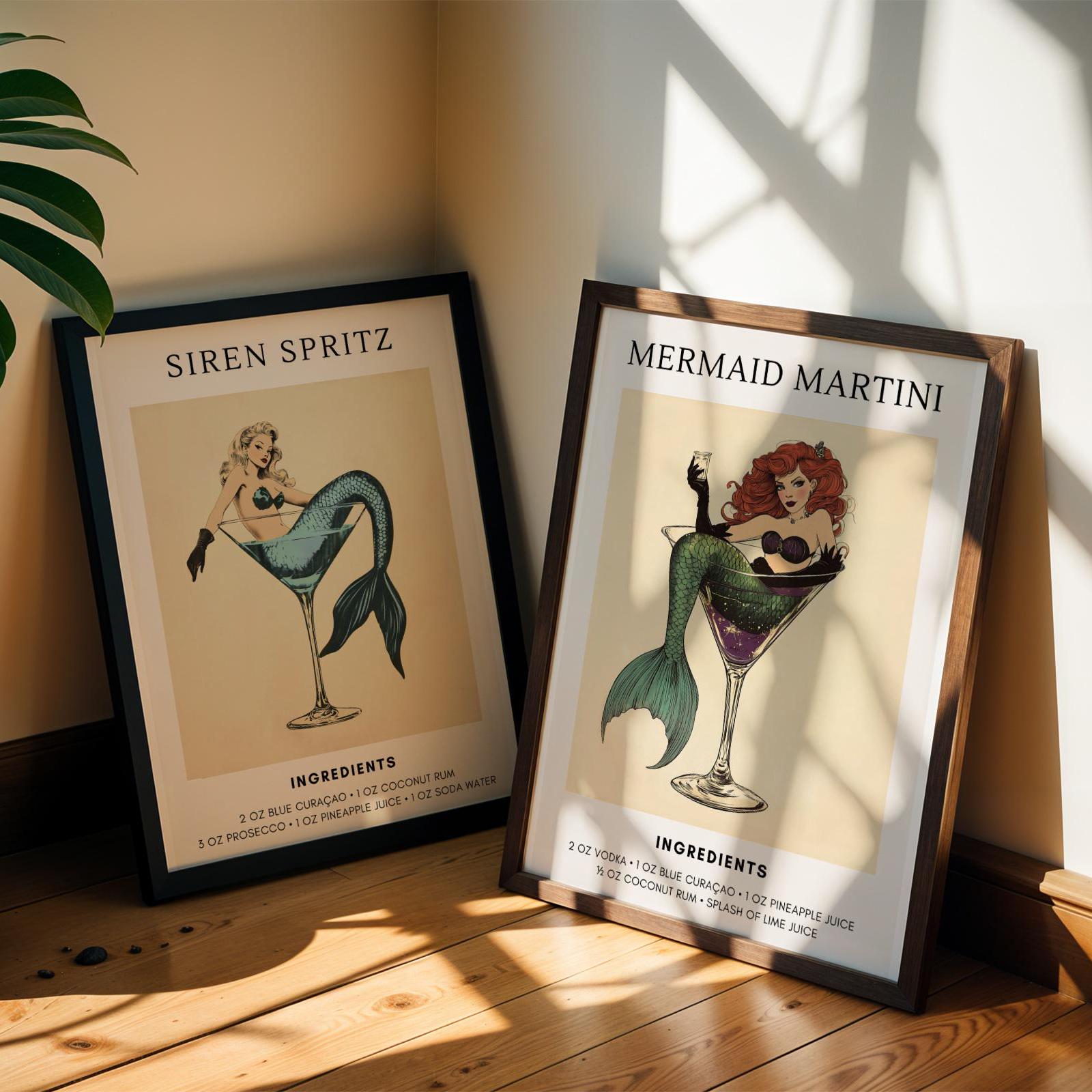 Vintage Mermaid Cocktail Wall Art - Mermaid Martini and Siren Spritz ...