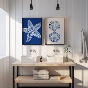 Blue Chinoiserie Coastal Wall Art Set | Nautical Seashell & Starfish ...
