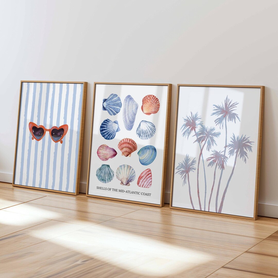 Coastal Print Set of 3 Beachy Wall Art Nautical Prints Seashells Poster ...
