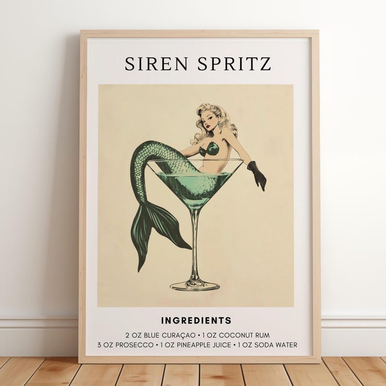 Vintage Mermaid Cocktail Poster - Mermaid Martini and Siren Spritz ...