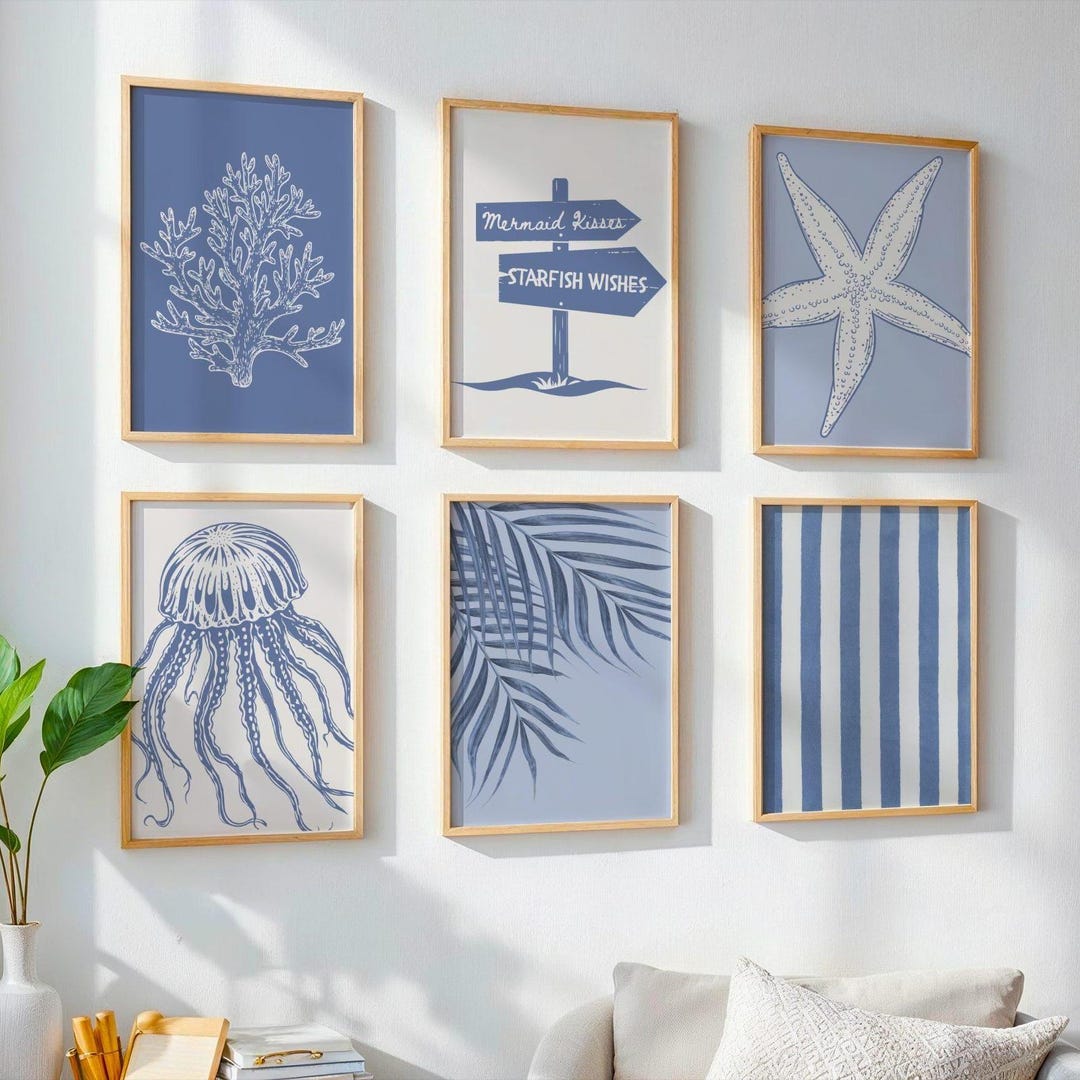 Blue Coastal Poster Set: Preppy Beach Decor - Starfish, Coral ...