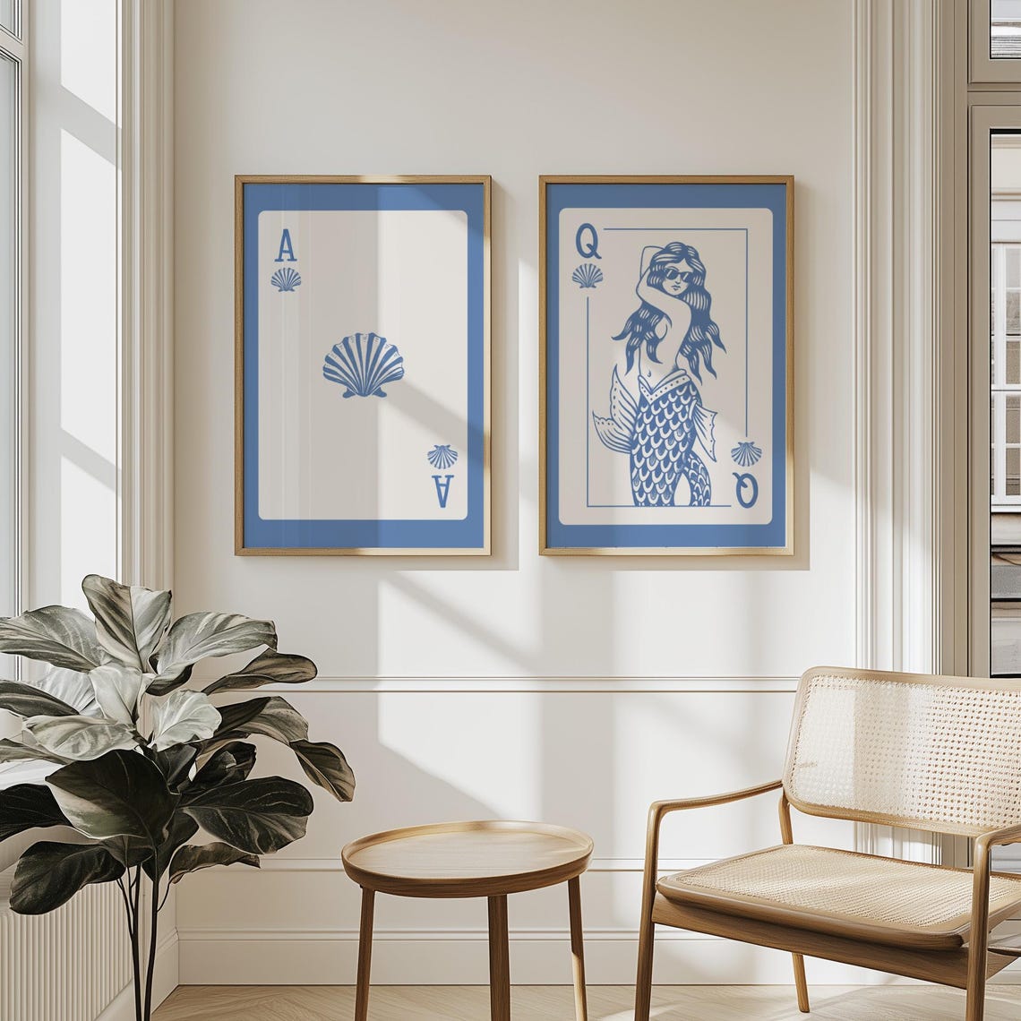 Coastal Playing Card Wall Art Duo - Mermaid Queen Print - Shell Ace ...