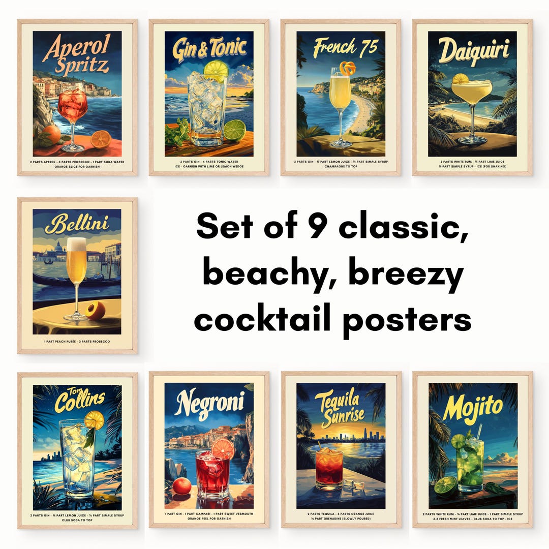 Classic Cocktail Poster Set - Retro Bar Cart Decor - Colorful Alcohol ...