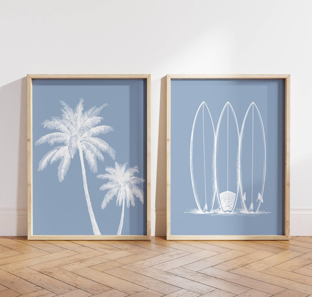 Surfboard Wall Art - Blue Coastal Wall Art Set of 2 - Surfboards & Palm ...