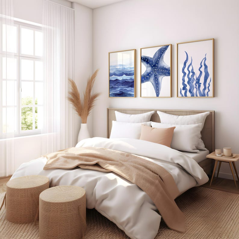 Coastal Wall Art Set of 3, Blue Ocean Watercolor Prints, Seaweed ...