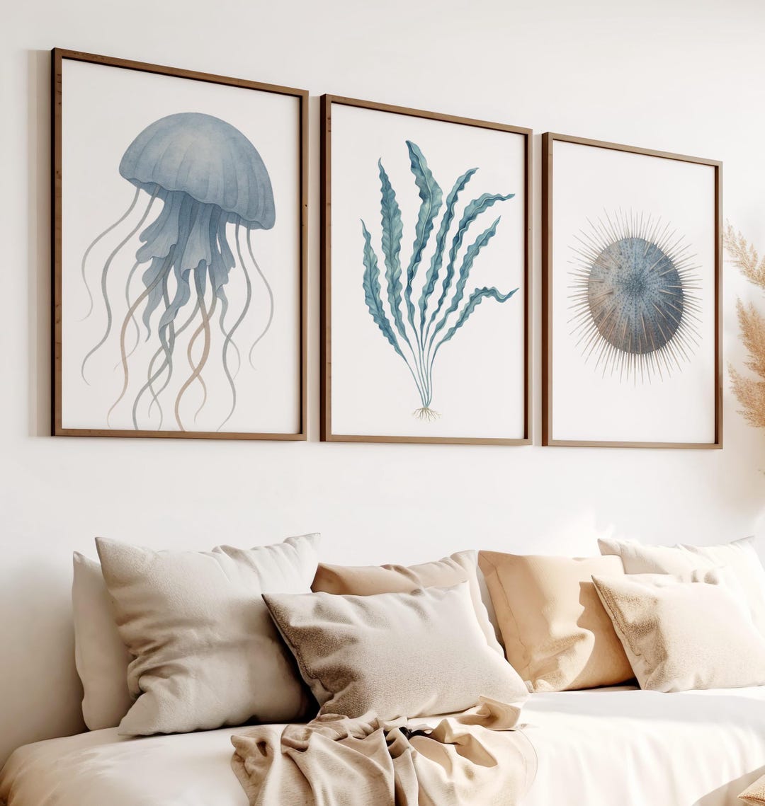 Blue Coastal Wall Art Set of 3, Neutral Ocean Watercolor Prints ...