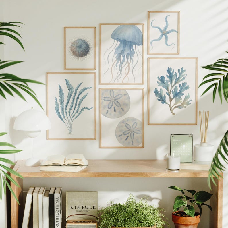 Coastal Wall Art Set, Blue Ocean Watercolor Prints, Seaweed-starfish ...