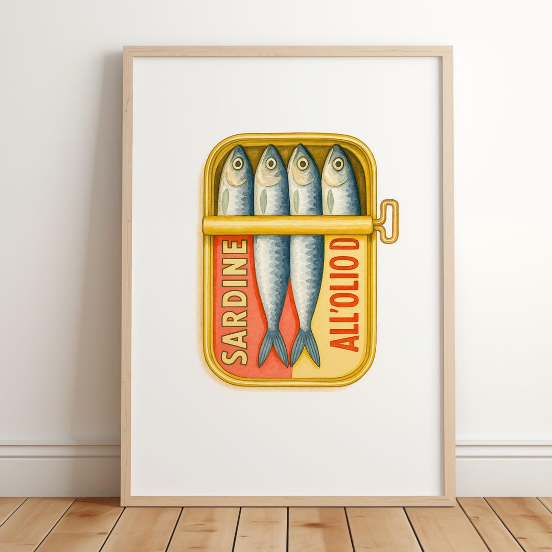 Sardine Tin Art Print, Retro Fish Poster, Tinned Sardines Painting ...