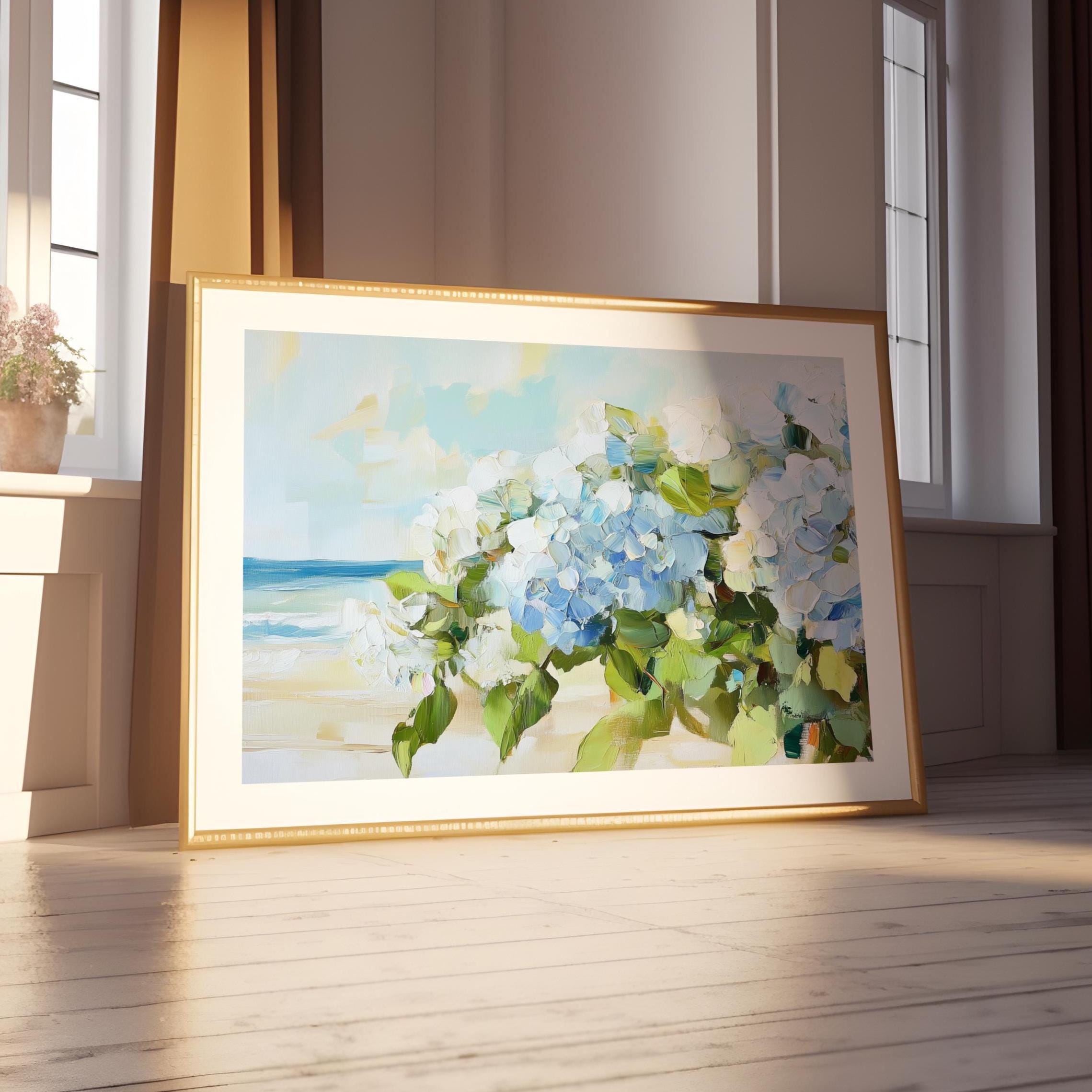 Beach Hydrangea Wall Art Printable, Coastal Floral Digital Painting ...