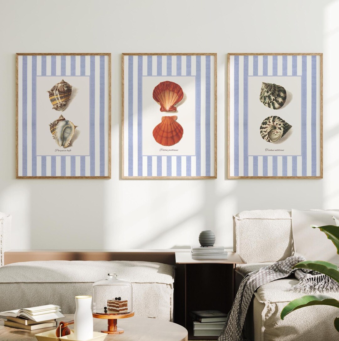 Sea Shells on Blue Stripes Poster Set of 3, Grandmillenial Coastal ...