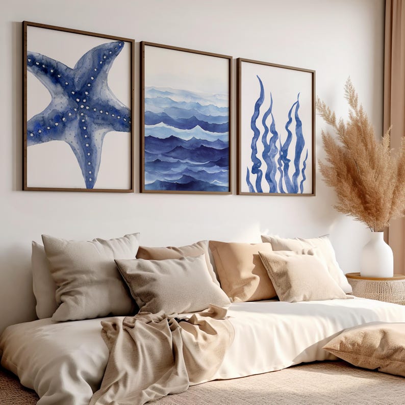 Coastal Wall Art Set of 3, Blue Ocean Watercolor Prints, Seaweed ...