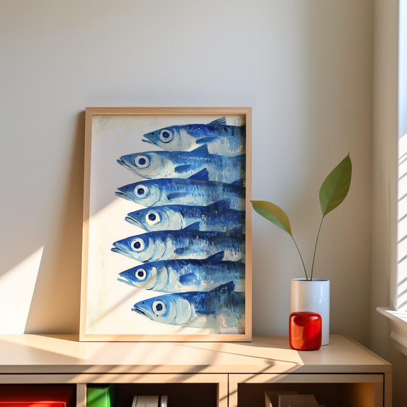 Sardines Print - Retro Sardine Wall Art - Blue Fish Print - Colorful ...
