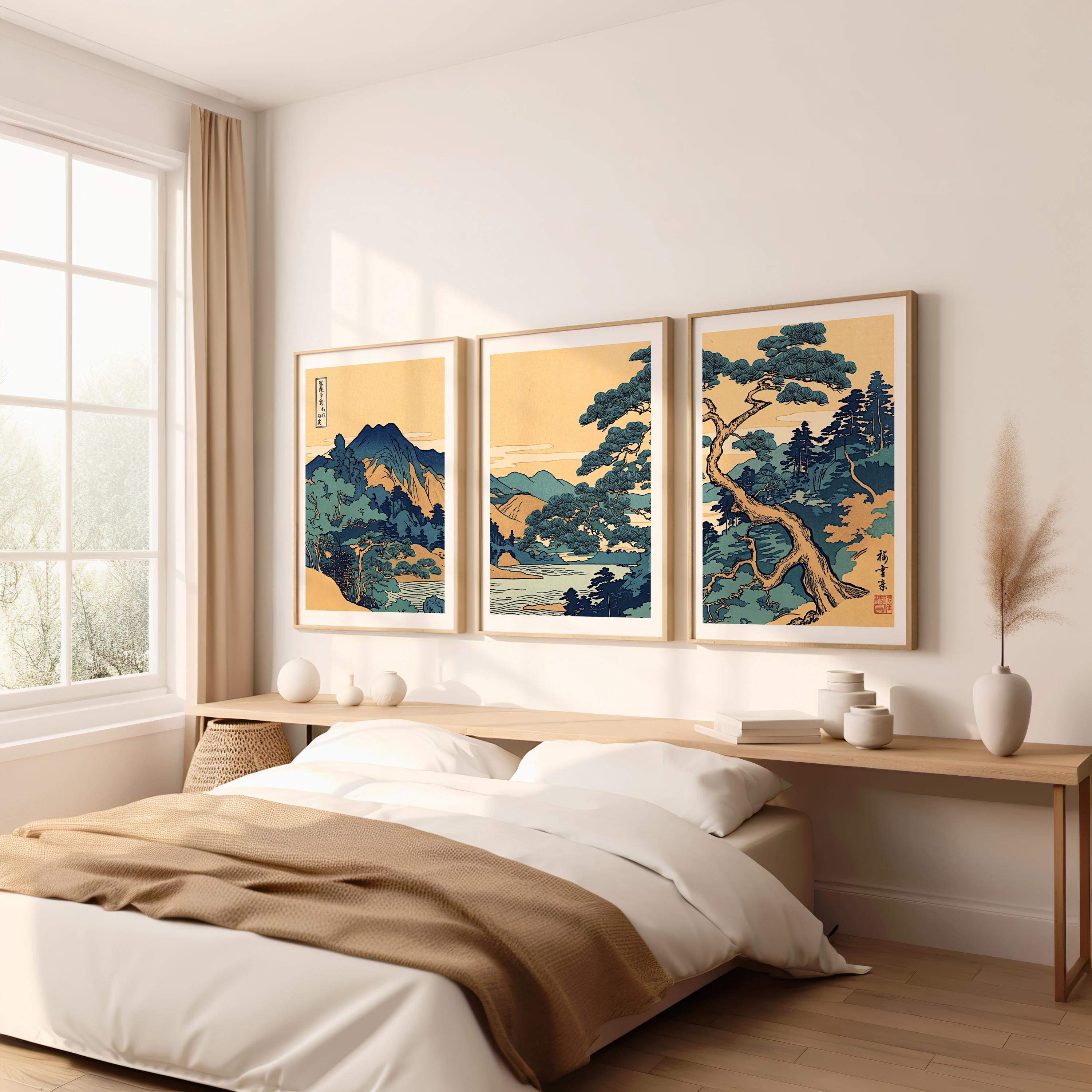 Vintage Japanese Landscape Print Set of 3 - Mountain Forest Wall Art ...