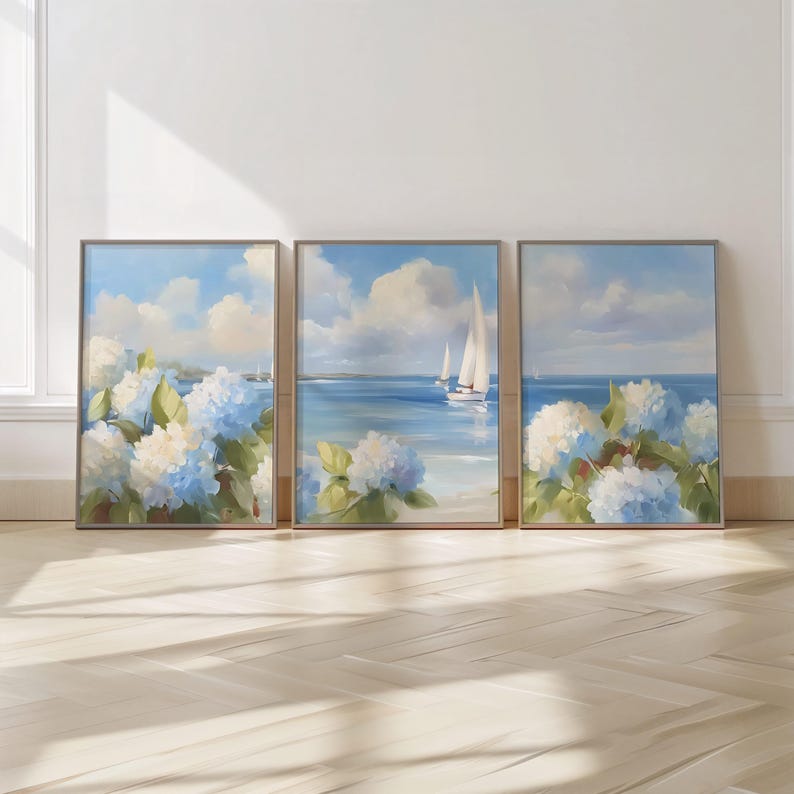 Set of 3 Pastel Coastal Wall Art: Blue Hydrangeas & Sailboats Painting ...