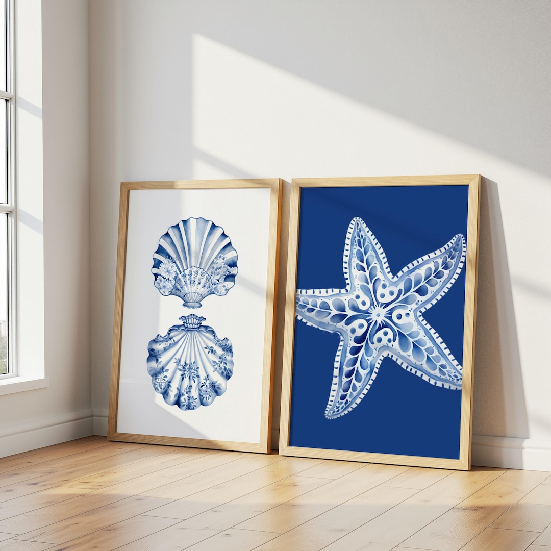 Blue Coastal Wall Art Set | Chinoiserie Seashell & Starfish Prints ...
