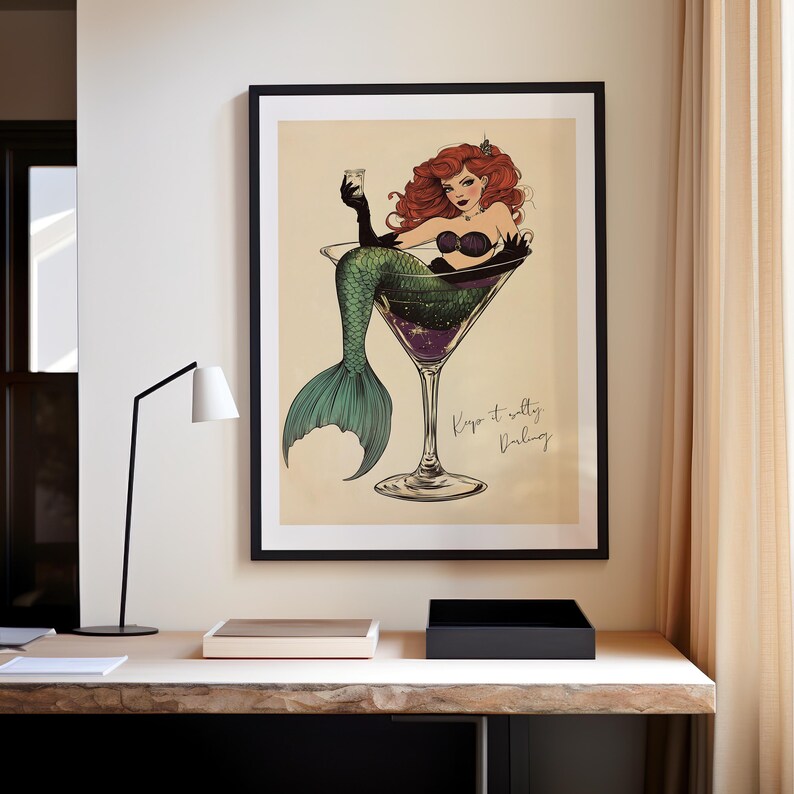 Retro Mermaid Martini Cocktail Art Print: Glam Bar Decor (digital ...