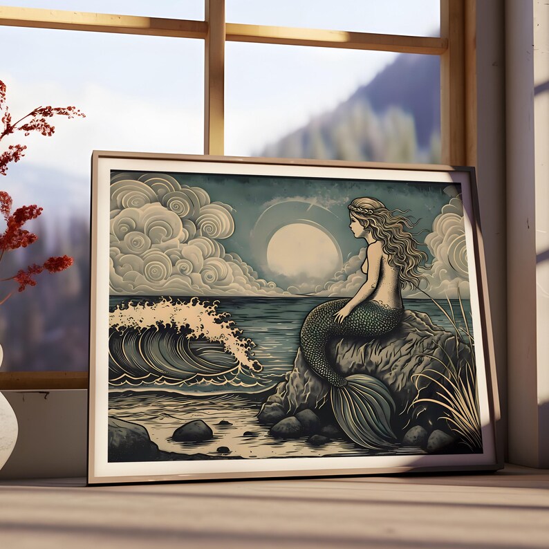 Mermaid Print, Vintage Style Horizontal Mermaid Painting, Ocean Decor ...