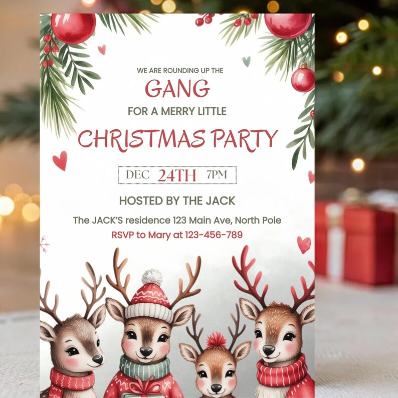 Editable Reindeer Christmas Party Invitation, We're Rounding up the ...
