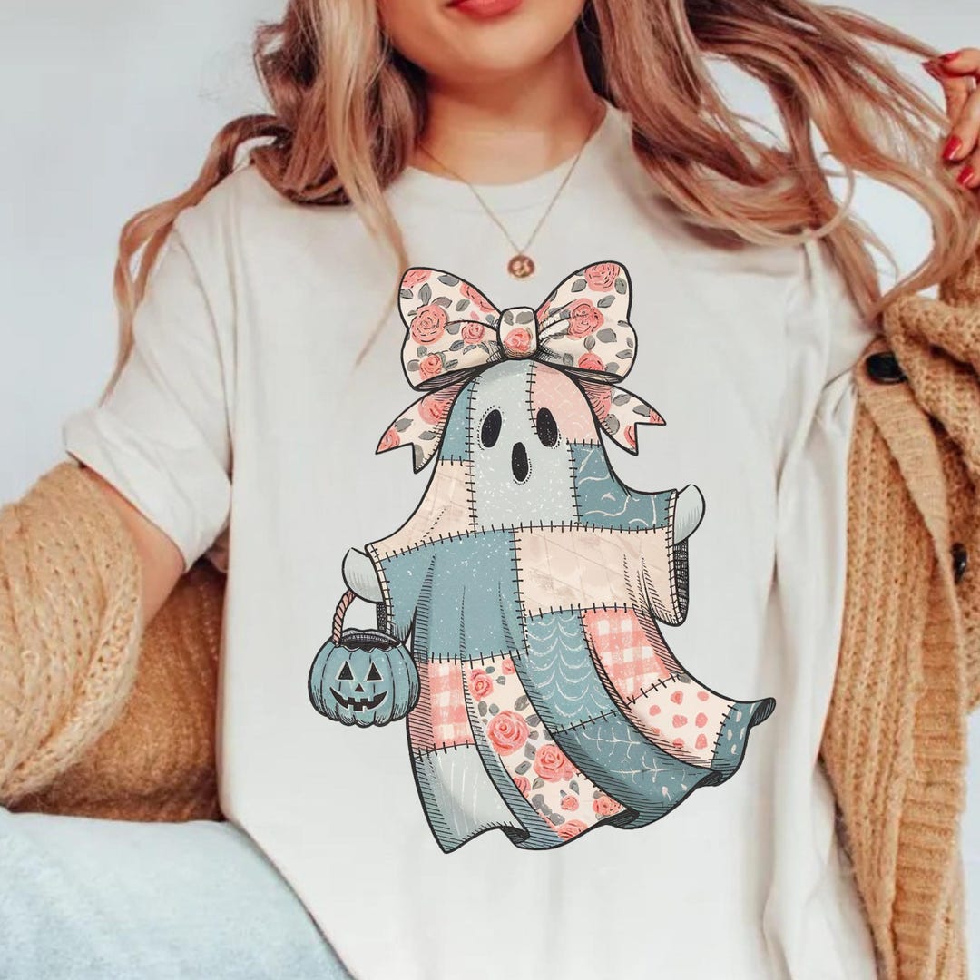 Retro Halloween Blue Denim Ghost Png, Trendy Patchwork Spooky Ghost Png ...