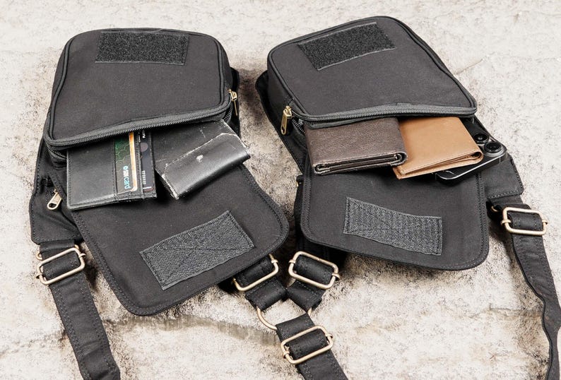 Black Cotton Chest Harness Bag: Dual Pocket, Adjustable Crossbody Rig ...