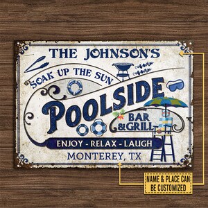 Personalized Pool Bar & Grill Customized Classic Metal Signs, Patio ...