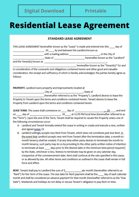 Standard Residential Lease Template Digital Downlaod - Etsy