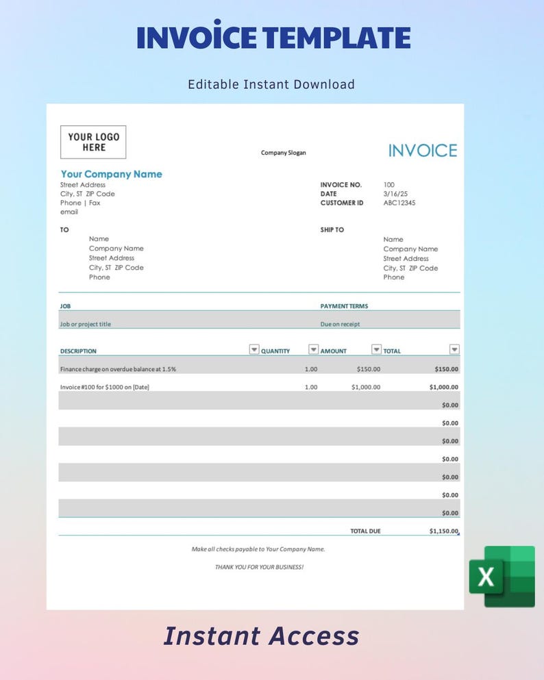 Customizable Digital Invoice Template for MS Excel – Instant Download ...